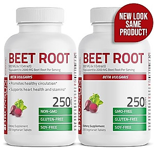Bronson Beet Root Extra Strength (Equivalent to 2000mg Beet Root per Serving from 500mg 4:1 Extract), Non-GMO, 250 Vegetarian Tablets