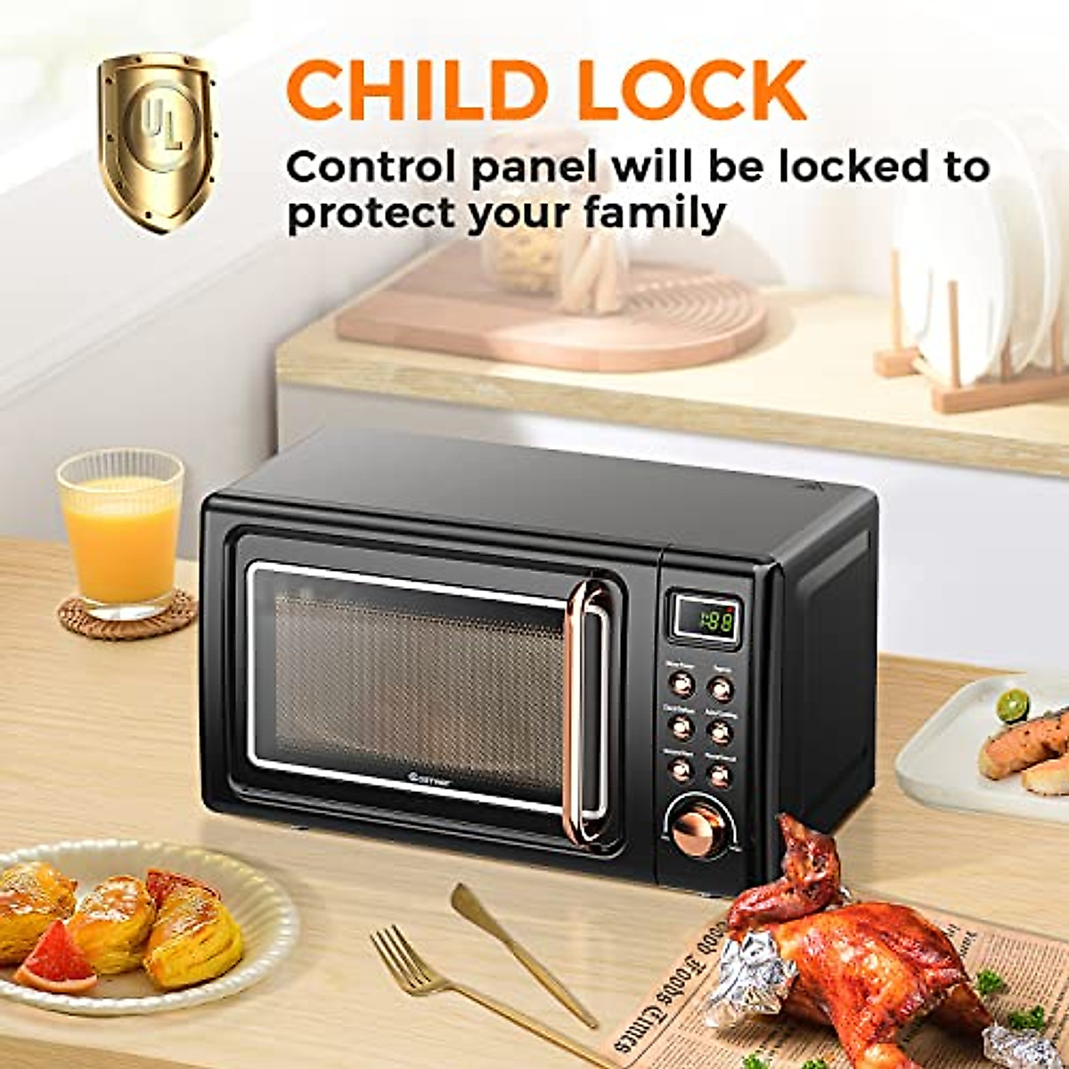 GLACER GT-23853GDEP Retro, Large 0.7Cu.ft, 700-Watt, Cold Rolled Steel Countertop with Time, Glass Turntable Plate, Pre-Programmed Cooking Settings, LED Display Microwave Oven, Rose Gold