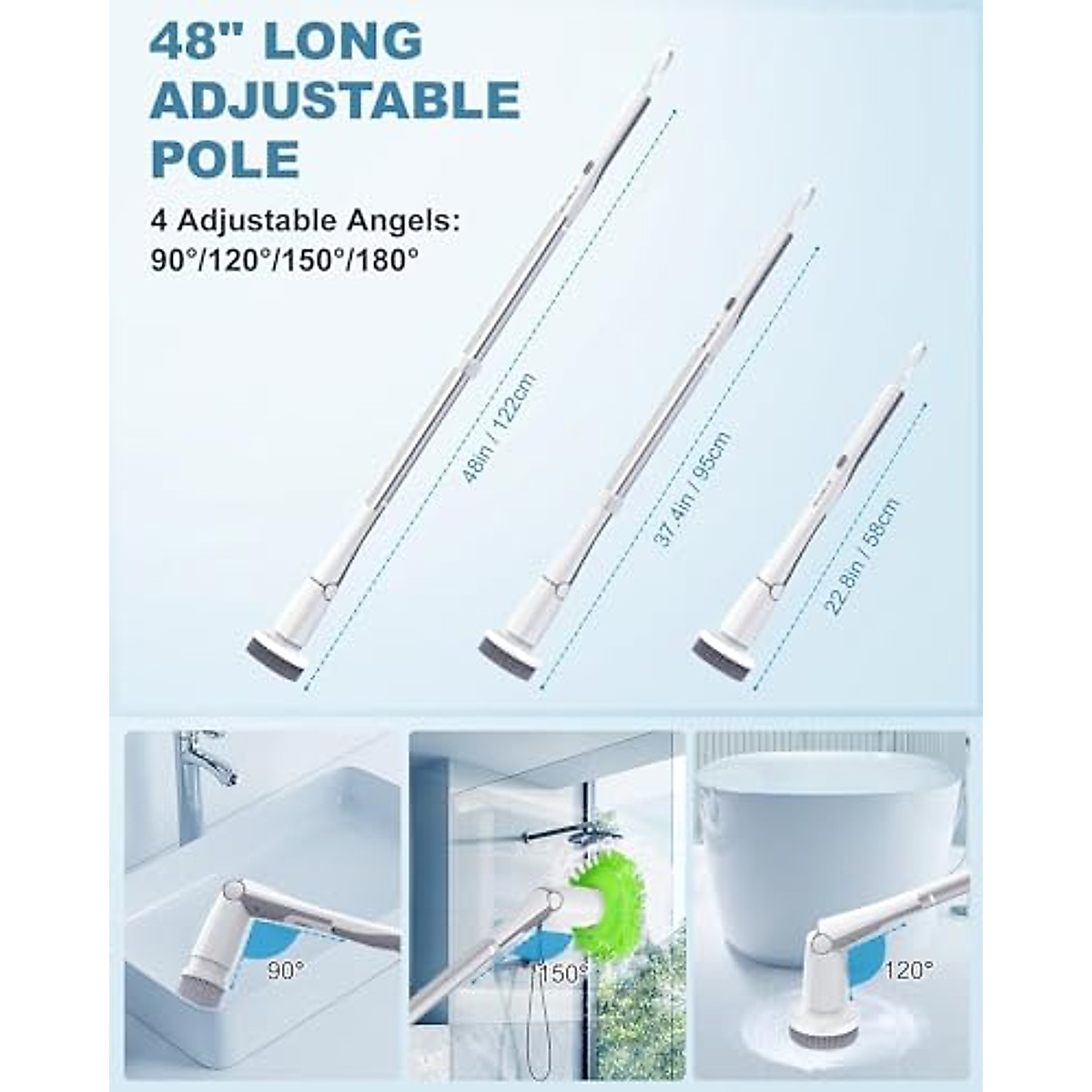 600RPM Electric Spin Scrubber, BIUBLE Cordless Cleaning Brush with Adjustable Long Handle, 5 Upgrade Replaceable Brush Heads & Velcro, Bathroom Shower Cleaning Scrubber for Bathtub Grout Tile Floor