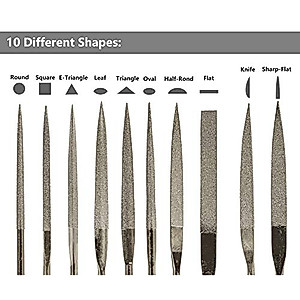 YAKAMOZ 10-Piece Mini Diamond Needle File Set 2x100mm Small Metal Riffler Files Jewelers File Precision Hand Tools for Glass Wood Stone Jewelry - Round Triangular Square Flat Shape