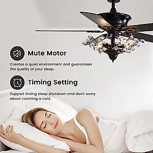 CROSSIO Modern Crystal Chandelier Ceiling Fan Gorgeous Reversible Ceiling Fan Light Fixture with Remote for Bedroom Living Room (Black-2, 50")