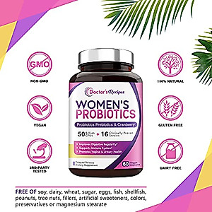 Doctor's Recipes Women’s Probiotic, 60 Caps 50 Billion CFU 16 Strains, with Organic Prebiotics Cranberry, Digestive Immune Vaginal & Urinary Health, Shelf Stable, Delayed Release, No Soy Gluten Dairy
