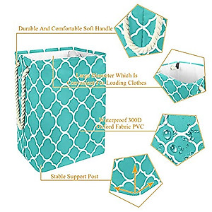 AISSO Large Laundry Hamper Basket Waterproof Dirty Cloth Storage Bins with Handle for Bedroom Laundry Room Bathroom Quatrefoil Pattern Teal Green Seamless Design