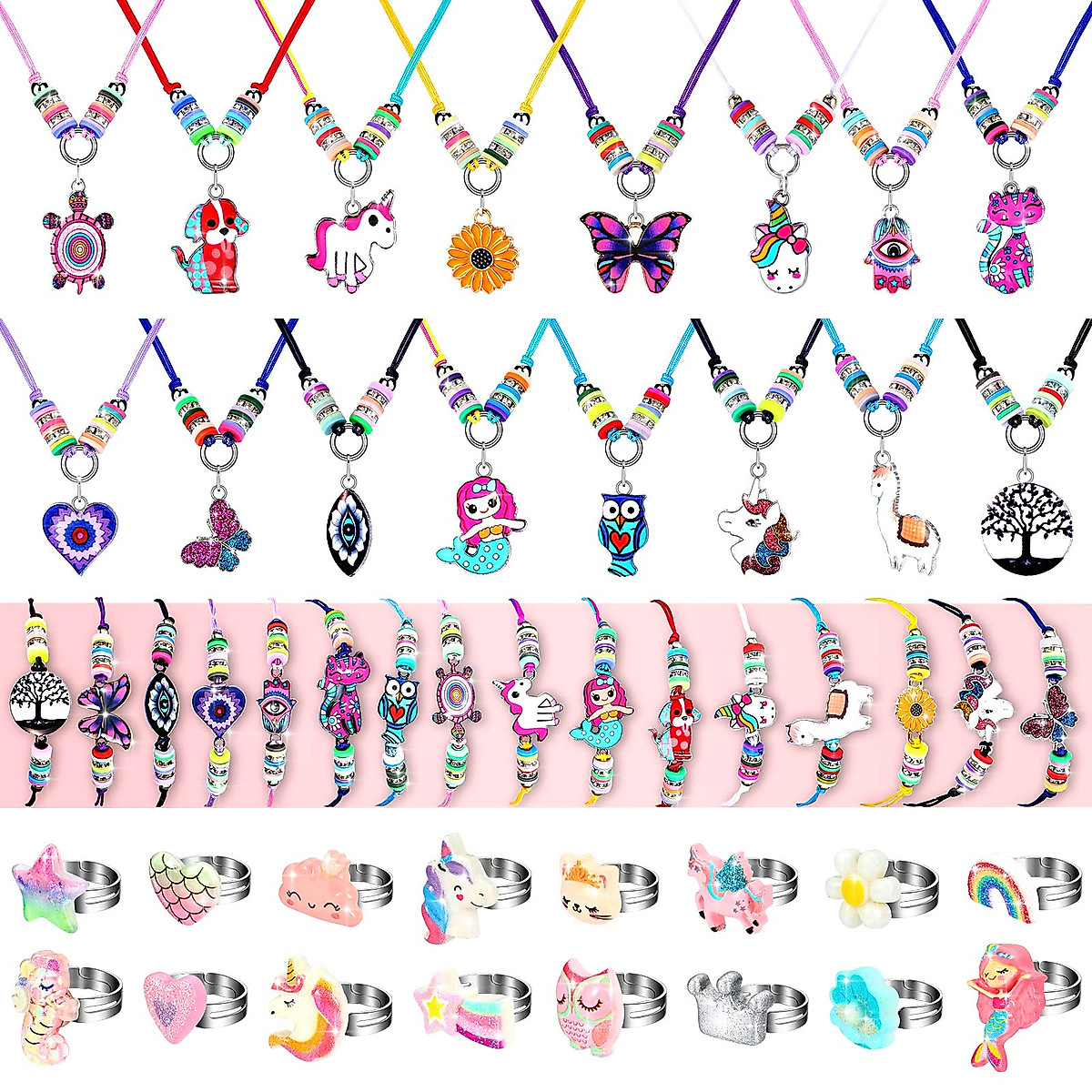 48 Pieces Girls Jewelry Set Adjustable Bracelets Necklaces and Rings Set Pretend Dress up Play Jewelry Party Favors Birthday Gifts for Little Girls Kids Toddler Child Friendship (Cute Style)