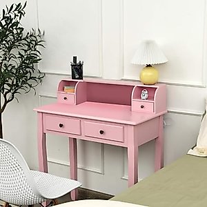 Giantex Writing Desk with 4 Drawers, Removable Floating Organizer 2-Tier Mission Home Computer Vanity Desk for Apartment Small Space (Pink)