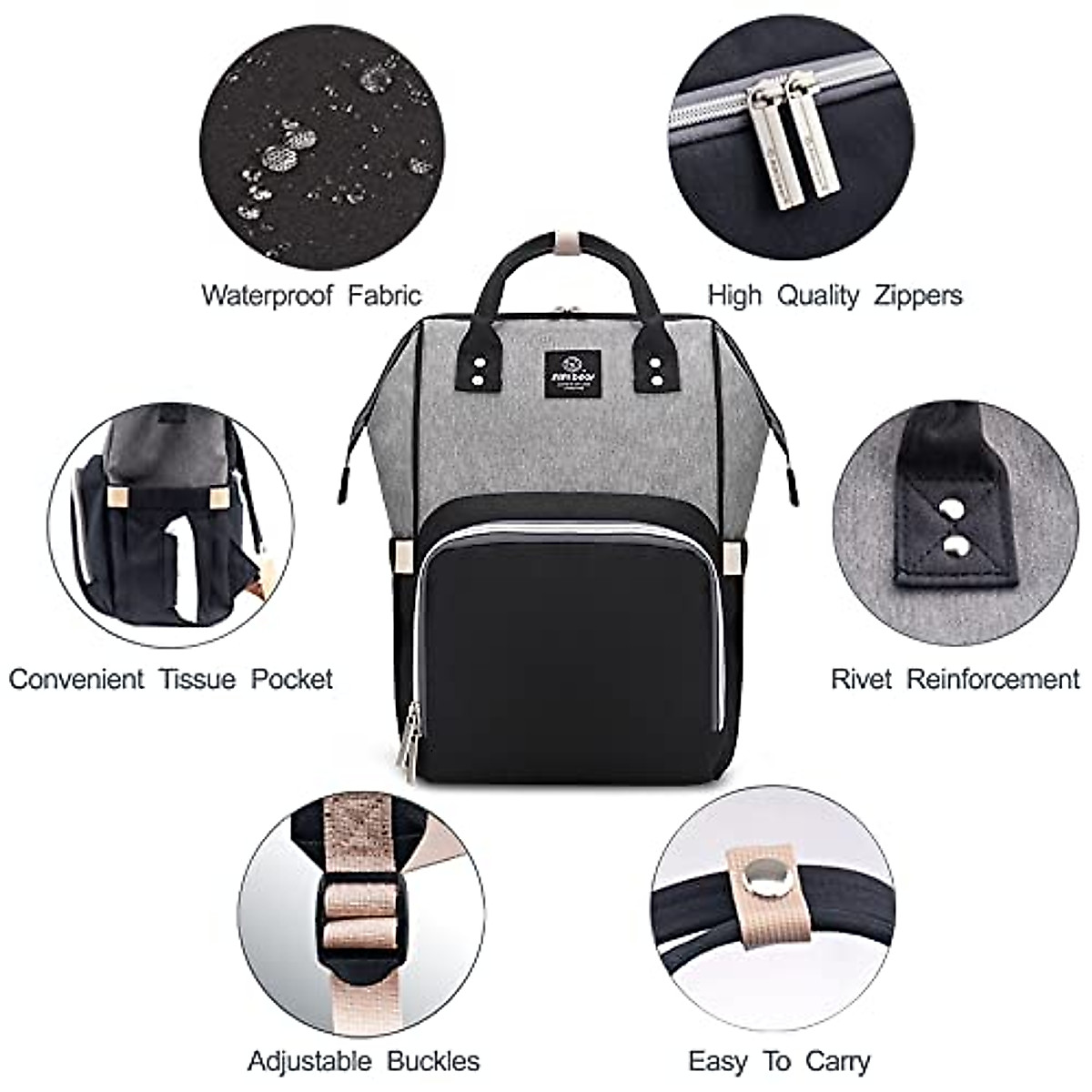 pipi bear Diaper Bag Backpack, Baby Bag for Mom Dad,Multifunction Large Diaper Backpack with Changing Pad,Water Resistant and Durable, Gray Black