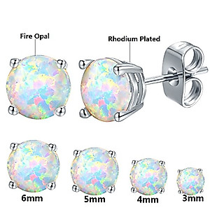 GEMSME 18K White Gold Plated 3/4/5/6mm Round Opal Stud Earrings Pack of 4
