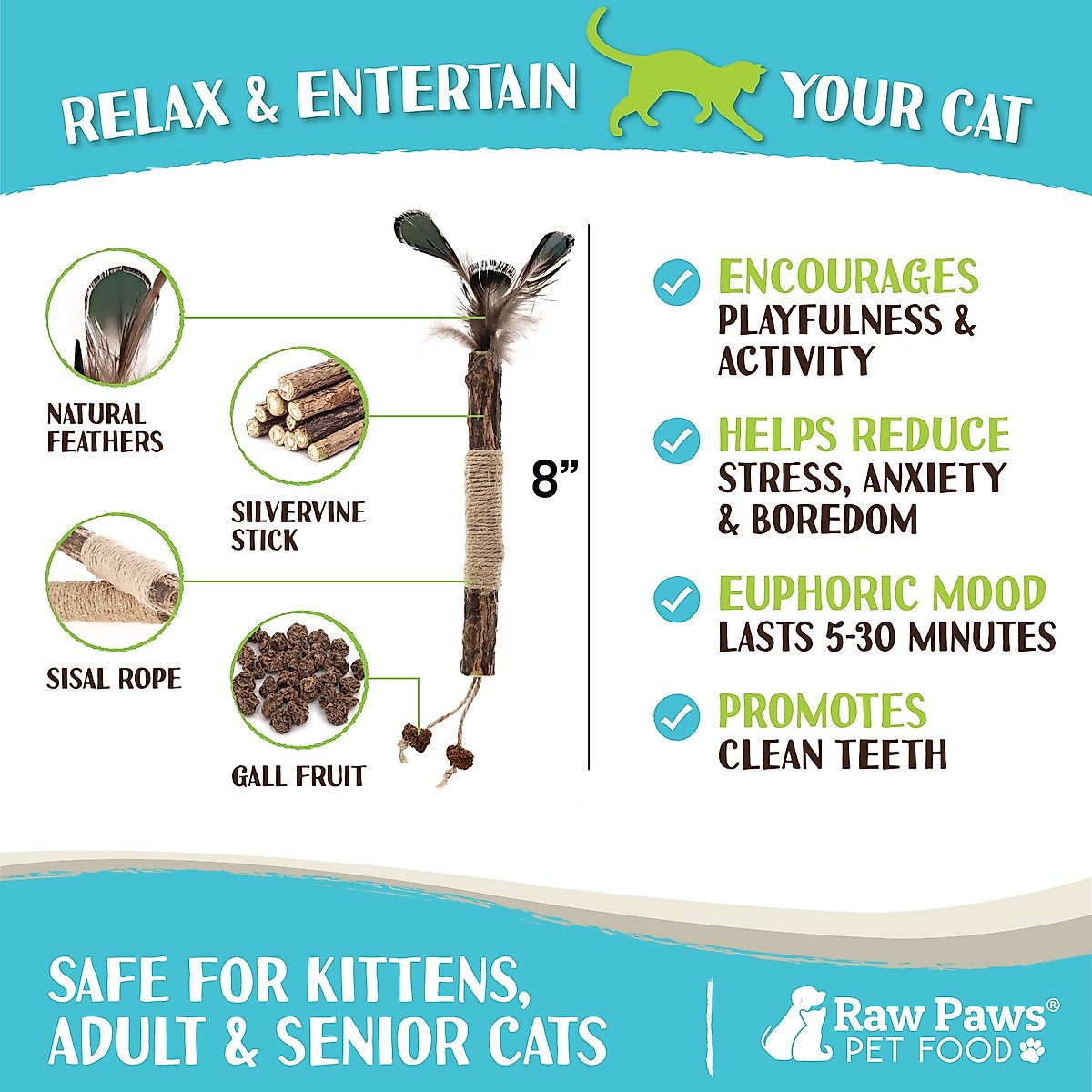 Raw Paws Silvervine Stick Toys, 3 ct - Interactive Cat Toys with Feathers, Cat Kicker Toy, Catnip Toys for Cats, Cat Feather Stick Silvervine for Cats, Matatabi Sticks Cat Feather Toys for Indoor Cats