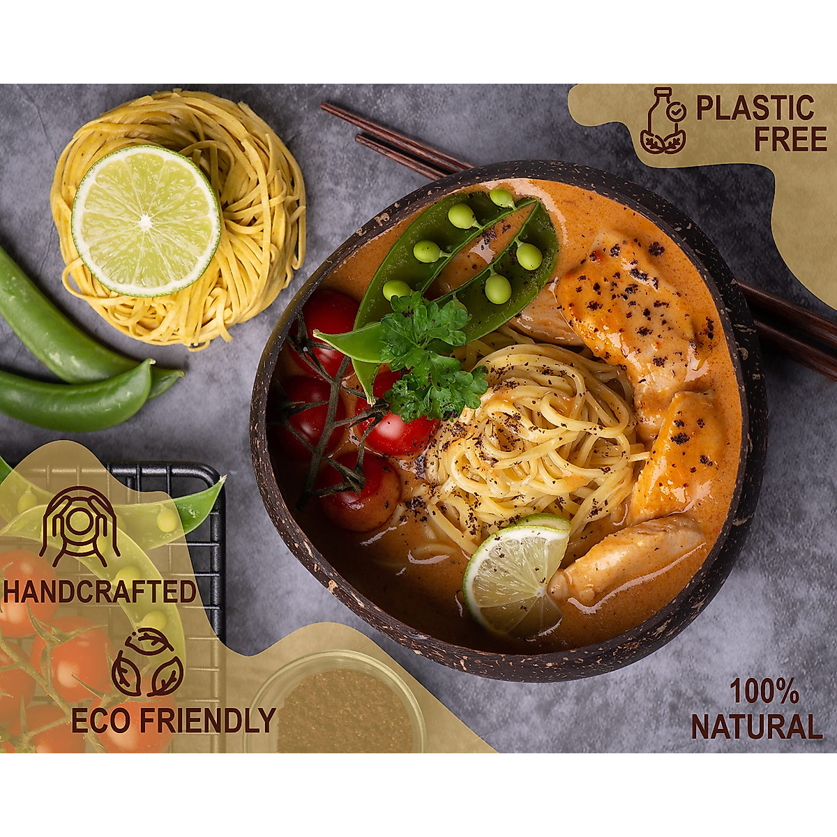 N&Nz Coconut Acai Bowls with Wooden Spoon - Set of 2-100% Natural Vegan Friendly- For Serving Salads or Smoothies - Eco Friendly,Handmade Acai Wooden Bowl Made from Coconut Shells(Polished)