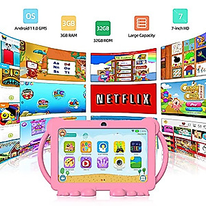 YOBANSE Kids Tablet, 7 inch Tablet for Kids 3GB RAM 32GB ROM Android 11.0 Toddler Tablet with Bluetooth, WiFi, GMS, Parental Control, Dual Camera, Shockproof Case, Educational, Games(Light Pink)