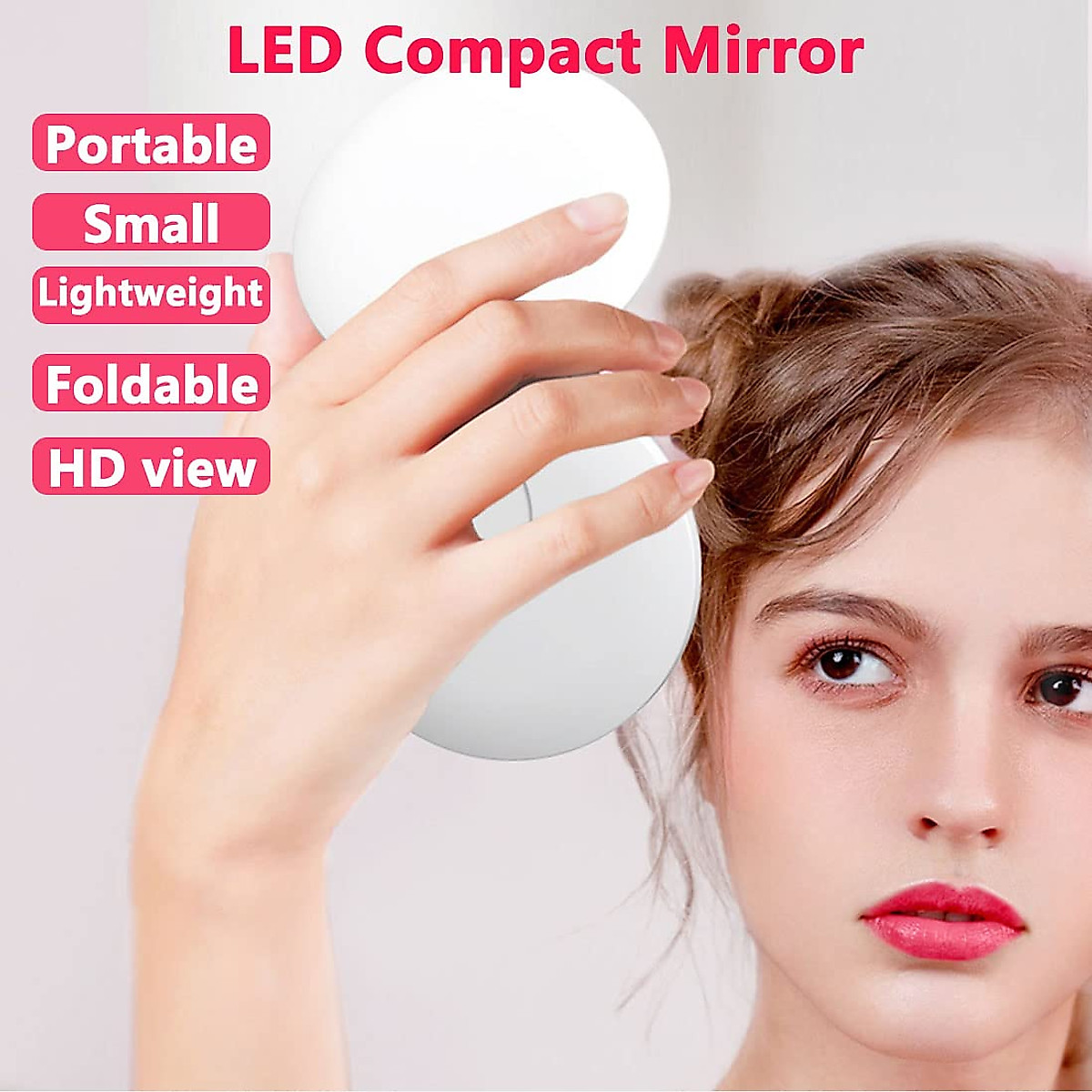 CigyYogy Small LED Compact Makeup Mirror Round Handheld Foldable - Magnifying Lighted Pocket Mirrors Double Sided with 1x/2x Magnification - Ideal Gift for Women Girls -White - 1 Pack