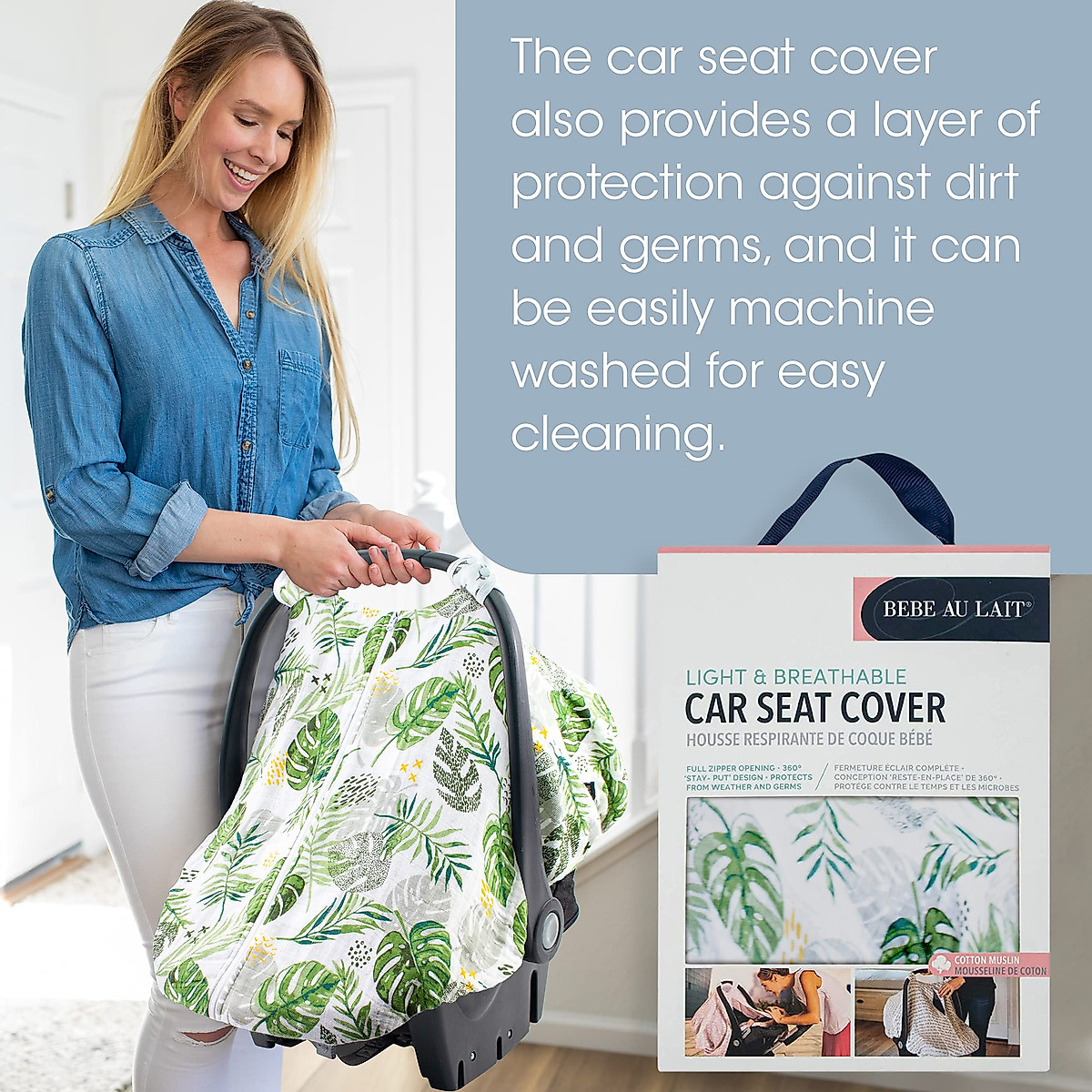 Bebe au Lait Classic Muslin Car Seat Cover -Perfect Baby Car Seat Covers for Babies, Car Seat Canopy, Unisex Baby Car Seat Cover- Easy Snap Straps, Fully Zippered Opening, Breathable- Green