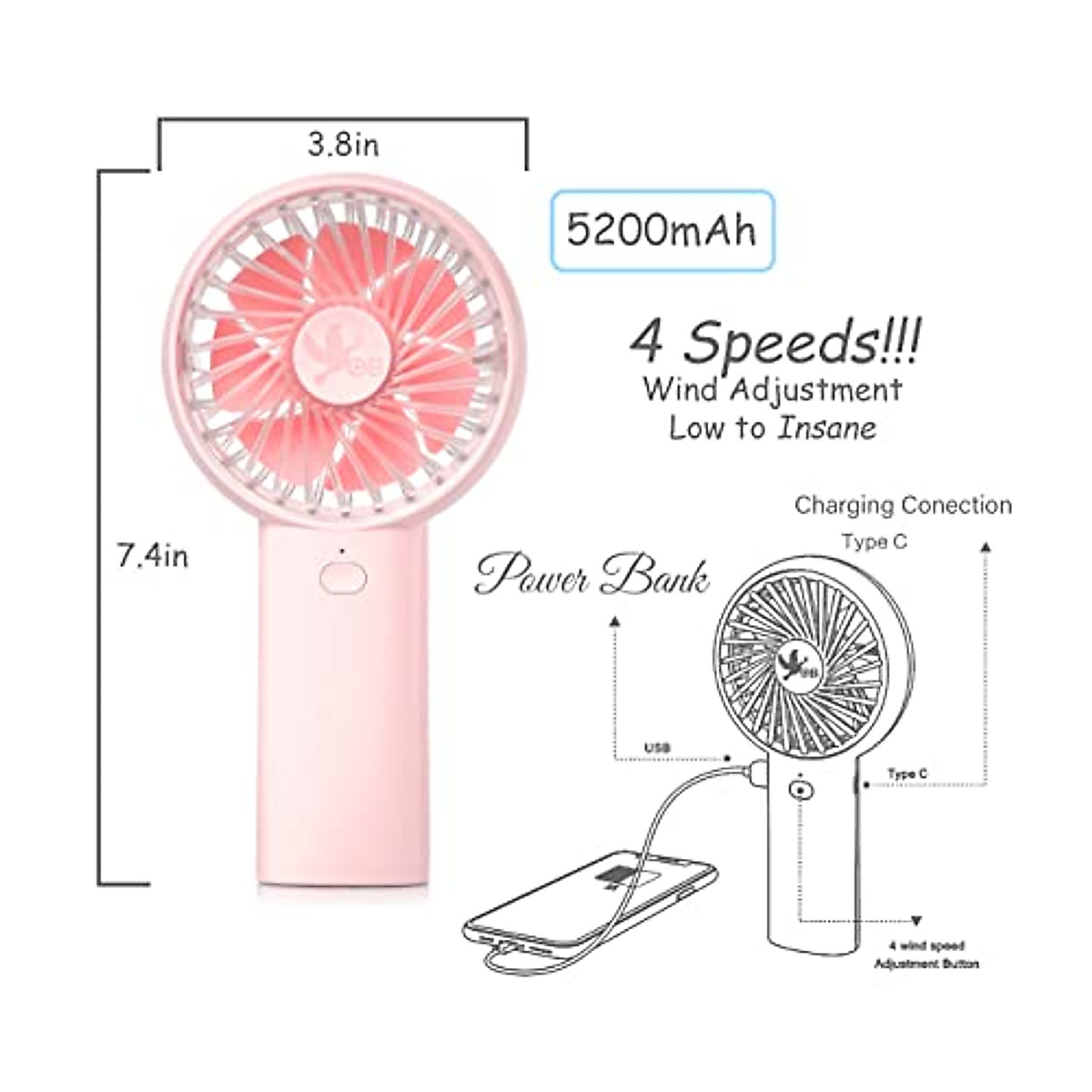 NEW! Mini Handheld Fan, USB Power Bank 5,200mAh, Small Personal Portable fan, Powerful 4 Speeds, Rechargeable Desk Fan, Eyelash Fan for Makeup, Angle adjustable, Kids Girls Women Men Indoor Outdoor Traveling. (Pink)