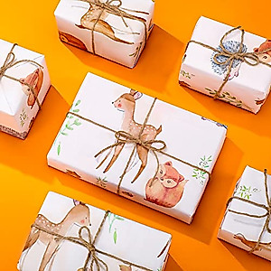 Junkin 10 Sheets Fawn Woodland Gift Wrap Wrapping Paper Folded Flat Baby Wrapping Paper Forest Animal Wrapping Paper Sheet for Boy Girl Birthday Baby Shower, 20 x 28 Inch