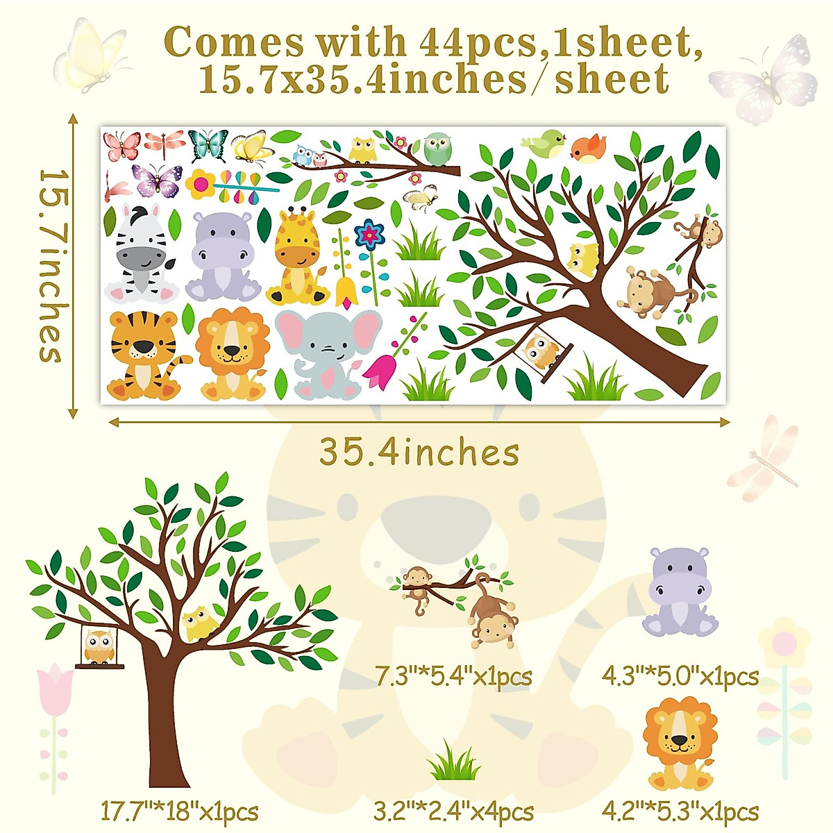 Cartoon Animal Wall Stickers Forest Tree Animal Wall Stickers Jungle Animal Wall Decals Woodland Animal Wall Decals Cute Zoo Animal Wall Stickers for Kids Room Playroom Nursery Decor