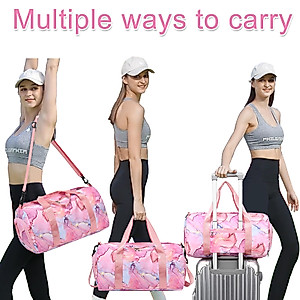 Weekender Duffel Sport Gym Bag Women Girls Travel duffle Bags with Shoe Compartment Wet Pocket (Marble Pink)