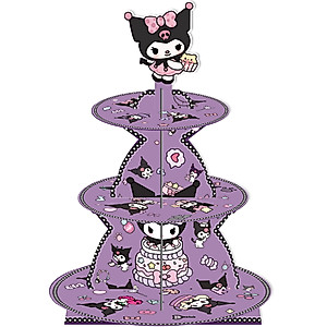 Kawaii Cartoon Birthday Decorations, Purple Cupcake Stand Party Supplies, 3 Tier Paper Cupcake Holder, Dessert Display Stand for Kids Birthday Party Decoration