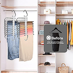 2PC Upgrade 9 Layers Pants Hangers Space Saving, Multifunctional Non Slip Pants Rack for Closet Organizers Storage with Hooks, for Jeans,Leggings,Trousers Skirts, College Dorm Room Essentials