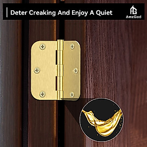 AmzGod Door Hinges Satin Brass - 12 Pack Gold Door Hinges 3.5 Inch Rounded Interior Door Hinges with 5/8" Radius - 3 1/2 Inches Flat Iron Brass Hinges for Residential Standard Doors