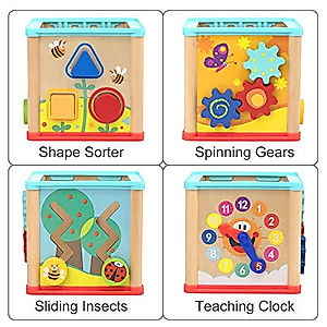 TOP BRIGHT Activity Cube Toys for 1 Year Old Boy Girl, Montessori Wooden Toys for Toddlers, One Year Old First Birthday Gift, Baby Toy for 12-18 Months with Bead Maze Shape Sorter
