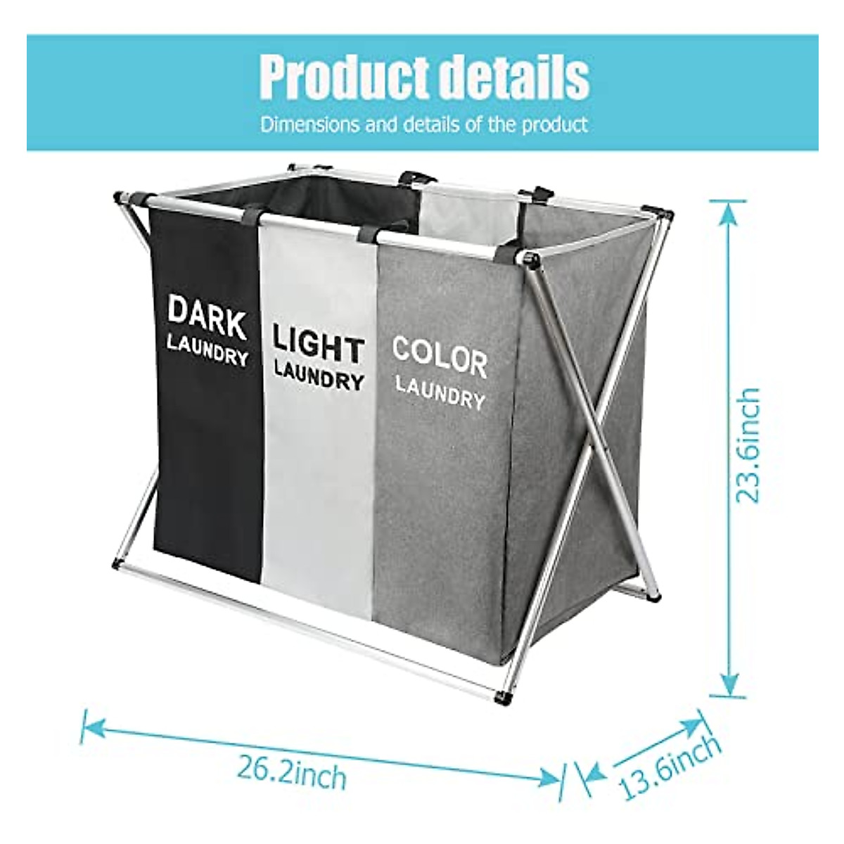 Laundry Cloth Hamper Sorter Basket Bin Foldable 3 Sections with Aluminum Frame Washing Storage Dirty Clothes Bag for Bathroom Bedroom Home Storage Basket (Black+Gray+Dark grey, 3 Liner)