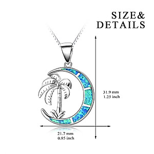 SOULMEET Palm Tree Blue Simulated Opal Moon Necklace, Sterling Silver Palm Tree Jewelry for Her, Summer Beach Style October Birthstone Christmas Gift Idea