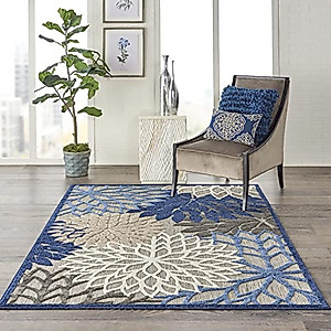 Nourison Aloha Indoor/Outdoor Blue/Multicolor 5'3" x 7'5" Area-Rug, Tropical, Botanical, Easy-Cleaning, Non Shedding, Bed Room, Living Room, Dining Room, Deck, Backyard, Patio (5x7)