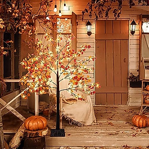 Agusbagli 4FT 140LED Lighted Fall Eucalyptus Tree Thanksgiving Fall Decorations with Timer & 8 Modes Artificial Fall Trees with Lights & 336 Leaves Fall Light Up Tree Harvest Indoor Outdoor Fall Decor