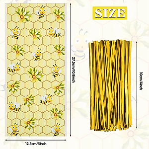 100 Pieces Bees Cellophane Bags Bees Candy Bags Bees Goodie Bags Bees Party Treat Bags with 150 Pieces Gold Twist Ties for Party Favors