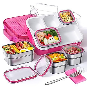 TIME4DEALS Stainless Steel Bento Lunch Box Kids Adult - Leak Proof School Lunch Container with 5-Compartment and Fork Lunch Bag Set for Toddler Child Bento Box for Work Picnic Outdoor, BPA-Free (Pink)