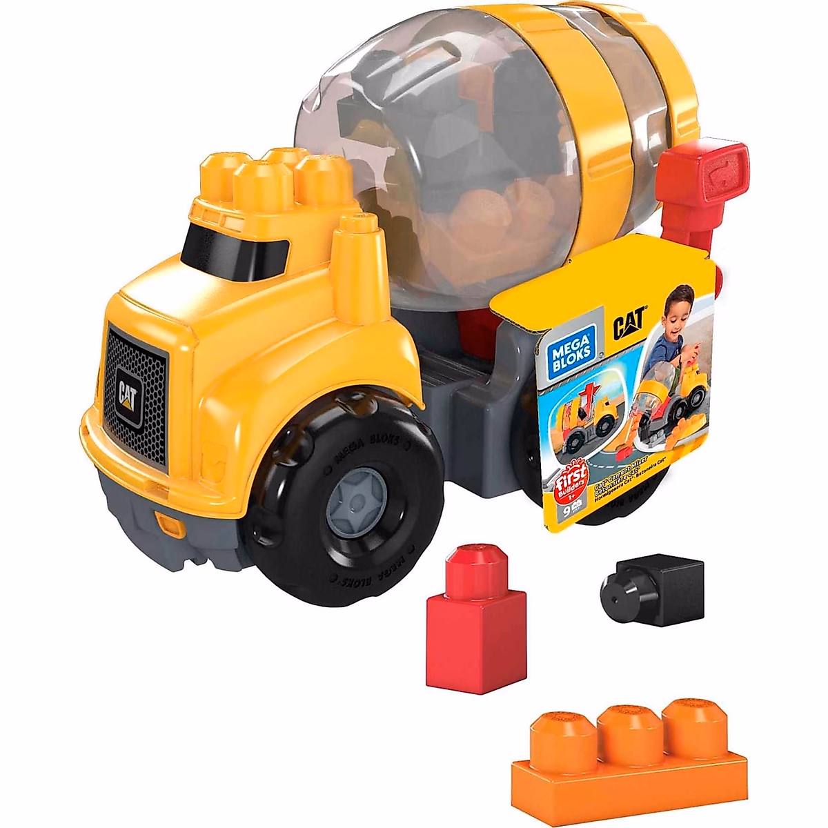 Mega BLOKS Cat Toddler Blocks Building Toy Set, Cement Mixer Truck with 9 Pieces and Storage, Yellow, Ages 1+ Years
