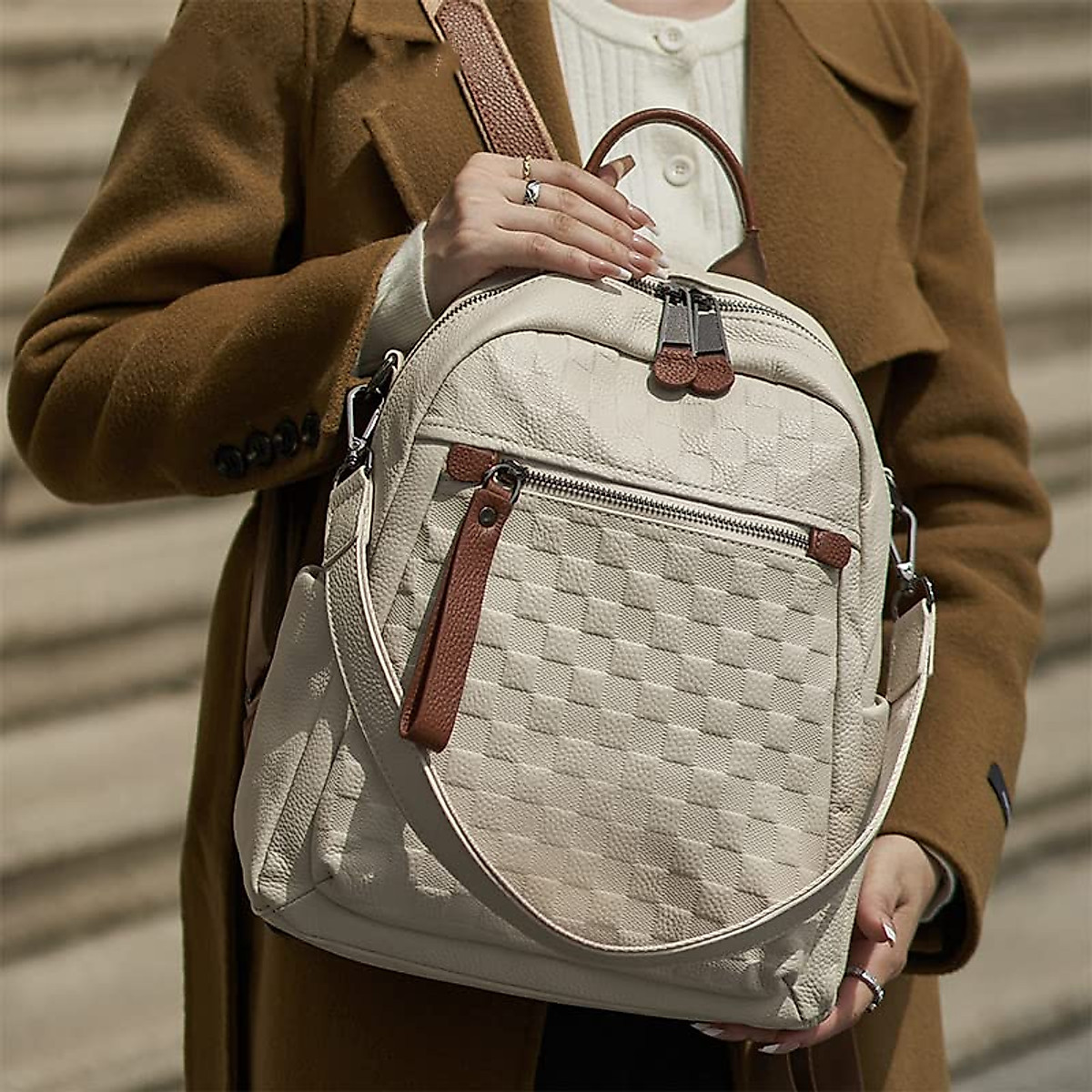 Wesccimo Genuine Leather Backpack Purse For Women Beige Real Soft Leather Large Rucksack Convertible Shoulder Bag Beige