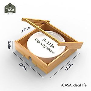 iCASA 8-11 Inch Adjustable Paper Plate Dispenser, Upgraded Wooden Under Cabinet Plate Holder, Kitchen Organizer for Round Plates