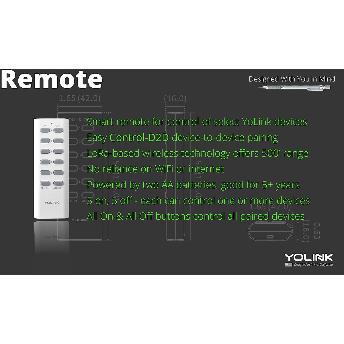 YoLink Remote, 500 Feet World's Longest Range Smart Remote Controller One Button Plugs Switches Outlets Grouping and Controlling, LoRa Enabled Smart Home Automation Device