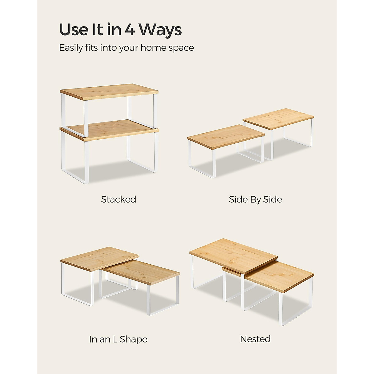 SONGMICS Cabinet Organizer Shelf, Set of 2 Kitchen Counter Shelves, Kitchen Storage, Spice Rack, Stackable, Expandable, Metal and Engineered Wood, Cloud White and Natural Beige UKCS02NW