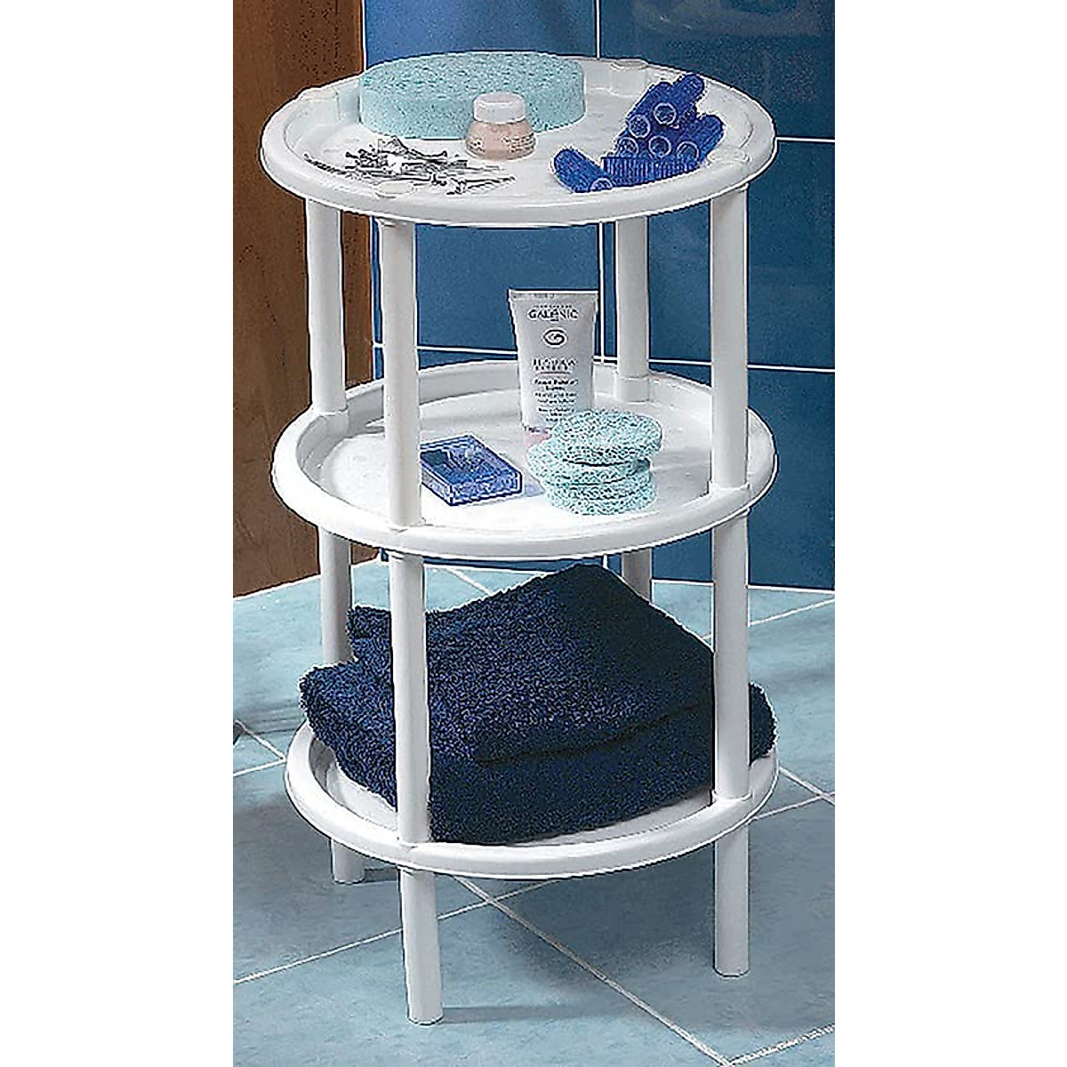 Sana Enterprises 3 Tier Shelf, End, Bed or Display Table, Self-Standing Shelving for Bathroom Toiletries, Storage and Organization. 13 ¾” Diameter, 24” Height, 9 ¼” Space Between Shelves. (White)