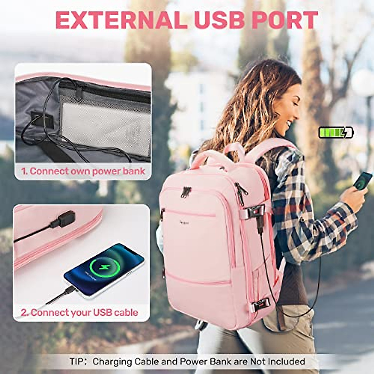 Carry On Backpack for Women, Cute Pink College backpack with USB Charging Port for 15.6inch Laptop, Flight Approved 35l Travel Backpack Casual Bag Luggage Gifts for Graduates Gym Weekend Hiking,Pink