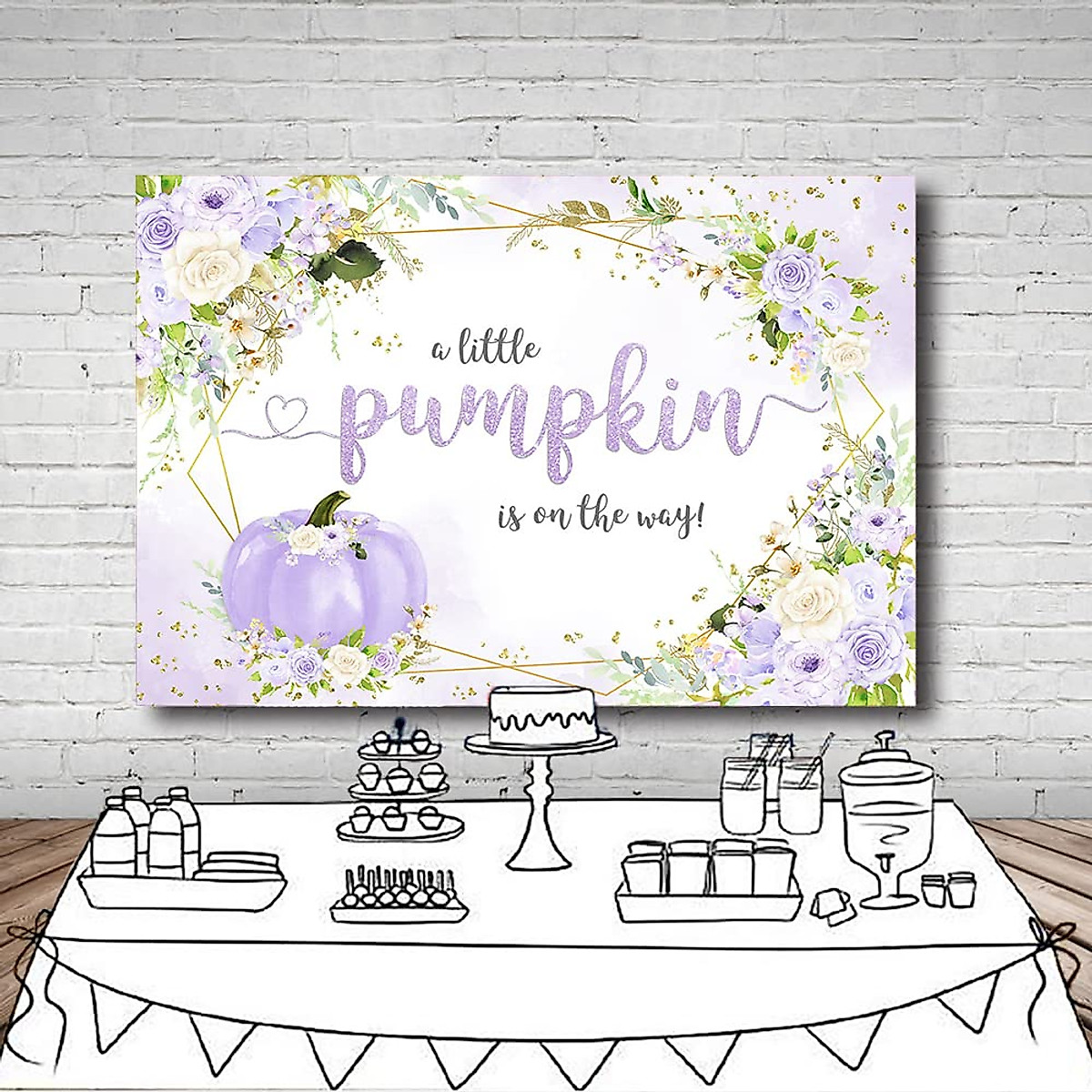 MEHOFOND 7x5ft Autumn Pumpkin Backdrop for Girl Baby Shower Purple Floral Baby Girl Party Decor A Little Pumpkin is On The Way Photography Background Gold Glitter Banner Photoshoot Props