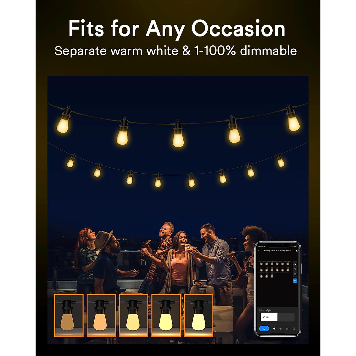 Lumary 56FT Smart Outdoor String Lights with APP/Remote/Voice Control, RGBAI Color Changing Patio Lights with Warm White 15+1 LED Bulbs, Permanent Outdoor Lights IP65 Waterproof