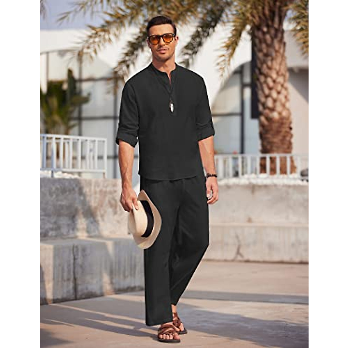 COOFANDY Men's 2 Pieces Linen Set Long Sleeve Henley Shirt and Holiday Beach Pants Casual Yoga Trousers Outfits