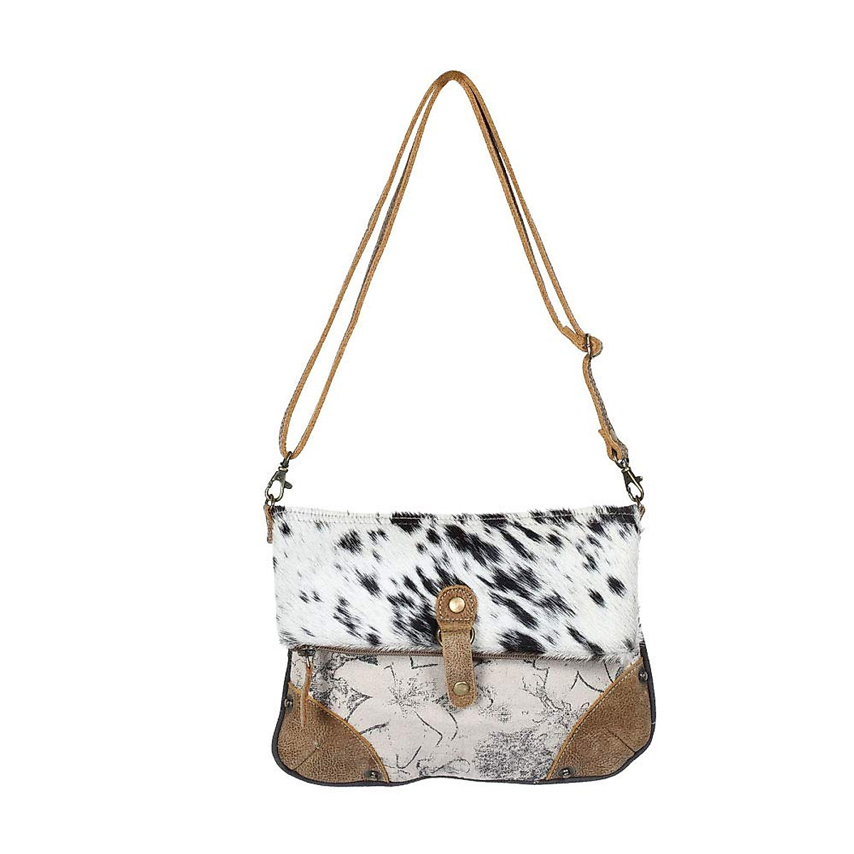 Myra Bag Coal Upcycled Canvas & Cowhide Fold-Over Crossbody Bag S-1304