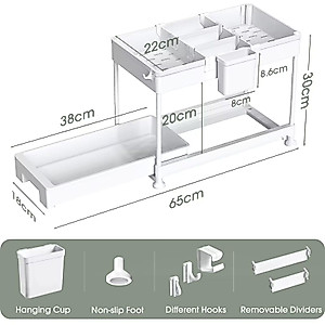 SPACEKEEPER Under Sink Organizer, Sliding Cabinet Basket Organizer 2 Tier Under Bathroom Storage Rack with Hooks, Hanging Cup, Dividers, Multi-purpose Storage Shelf for Bathroom Kitchen, White, 2 Pack