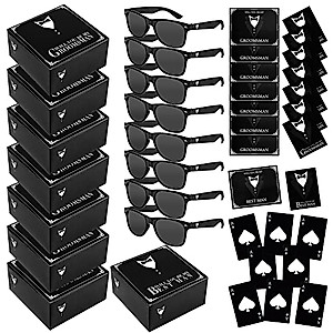 40 Pieces Groomsmen Proposal Box Set of 8 Groomsmen Box 8x8x4 inch With 8 Will You Be My Groomsman Labels and 8 Groomsmen Proposal Cards 8 Sunglasses （7 Groomsmen, 1 Best Men ）and 8 Poker Card Beer Bottle Opener Cap
