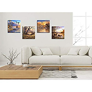 ArtHome520 Yellow Fall Landscape Wild Duck Wall Art Wildlife Canvas Printed Oil Painting Home Decor orange Animal Deer Picture for Living Room Modern Framed 4 Panel (12''x12''x4pcs)