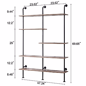 HOMISSUE Industrial Bookshelf 5-Tier Open Wall Mount Ladder Bookshelf, Modern Bookcase with Metal Frame and Wood for Home Office, Wall Mounted Industrial Iron Pipe Shelf, Oak Brown