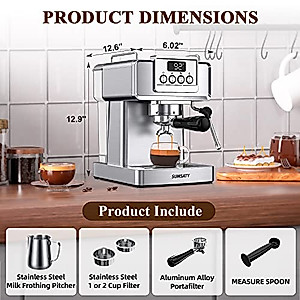 SUMSATY Espresso Machine, Espresso Machine with Milk Frother, Fast Heating Automatic, Latte and Cappuccino Machine, 20 Bar Espresso Maker, Stainless Steel, 1.8L Water Tank