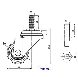 Norgail 1 Inch Small Tiny Shopping Cart Wheel Replacement Swivel Caster Wheels Soft Rubber TPE M6x 15mm Mini Threaded Stem Caster Wheel, 33lb/15kg Load Capacity, Set of 4