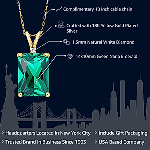 Gem Stone King 18K Yellow Gold Plated Silver Green Nano Emerald and White Diamond Pendant Necklace For Women (6.52 Cttw, Gemstone May Birthstone, Emerald Cut 14X10MM, with 18 Inch Silver Chain)