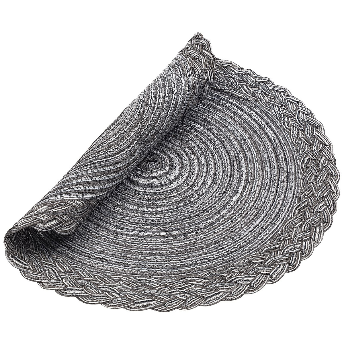 SHACOS Round Placemats Set of 6 Woven Round Table Mats 15 inch Braided Border Washable Cotton Polyester Circle Place Mats, Gray