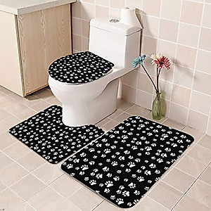 3 Pieces Bath Rugs Sets Cute Cat and Dog Footprint Paws Soft Non-Slip Absorbent Toilet Seat Cover U-Shaped Toilet Mat for Bathroom Decor Black and White